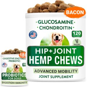 hemp + glucosamine + probiotics bundle - joint pain relief + upset stomach relief - hemp oil, chondroitin w/msm, omega 3 + digestive enzymes, prebiotics - improve digestion, immunity - 120 +180 chews