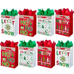 gitmiws 12 pack christmas paper gift bags with tissue paper, 9'' medium christmas treat gift bags bulk with handles, christmas shopping tote goodie bags for kids gifts, xmas gift bags party decor