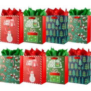 blewindz 12pcs christmas gift bags with tissue papers, 9" small christmas treat bags for gifts with tags, xmas paper goodie bags for kids adults party supplies