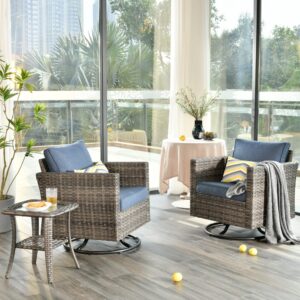 ovios patio bistro set 3 pieces rocking swivel chairs with side table 360 degree rotating outdoor wicker rocker chairs for yard deck porch, grey wicker, denim blue cushion