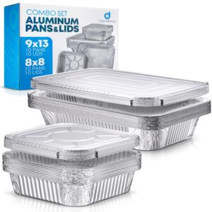 disposable aluminum pans with lids, 9x13 (10pc) and 8x8 square (10pc) combo set, disposable baking and cake pan (pack of 20)