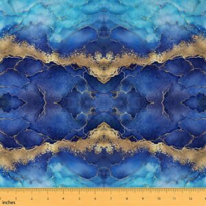 blue gold upholstery fabric, marble abstract art fabric by the yard, marble texture decorative fabric for upholstery and home accents, blue ombre watercolor quicksand outdoor fabric, 1 yard