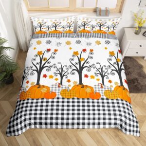 fall pumpkin harvest duvet cover set queen size,kids adults bedroom/country cottage decor,black white plaid bedding,maple autumn leaves comforter cover,rustic bright quilt cover,3pcs,2 pillowcases