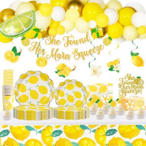 fiesec lemon bridal shower decorations, lemon bachelorette party supplies, hanging swirl balloon she found her main squeeze glitter banner tablecloth plate napkin cup cake topper gold yellow