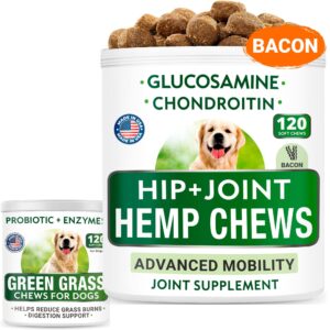 hemp + glucosamine + grass treatment for dog urine bundle - joint pain relief + grass restore - hemp oil, chondroitin w/msm, omega 3 + probiotics - hip & joint supplement + pee lawn repair - 240 chews