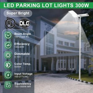 300W LED Parking Lot Light, 42000LM(140LM/W) 5000K White LED Shoebox Area Light, 1-10V Dimmable Commercial Outdoor Street Pole Lighting, IP65 Waterproof 100-277VAC UL DLC Listed