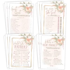 your main event prints boho bridal shower bachelorette games - floral neutral theme - he said she said, find the guest, would she rather, what's in your phone - 25 games each, 1 game per side