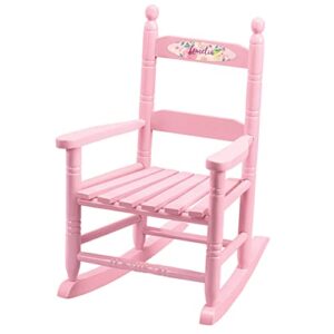 personalized watercolor floral children's rocking chair, durable wood - measures 14 1/2" wide x 11 1/2" deep; 22 1/2" overall height, pink font