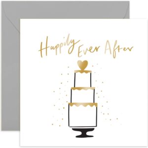 old english co. happily ever after wedding cake card - beautiful gold foil for wedding day | congratulations to newly weds, bride and groom | blank inside & envelope included