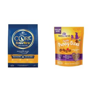 wellness core rawrev wholesome grains puppy recipe, 10 lbs soft puppy bites, lamb and salmon, 8 oz bag