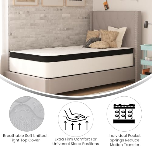 Flash Furniture Capri Comfortable Sleep Firm 12 Inch CertiPUR-US Certified Hybrid Pocket Spring Mattress, Extra Firm Feel, Durable Support, Twin Mattress in a Box,White