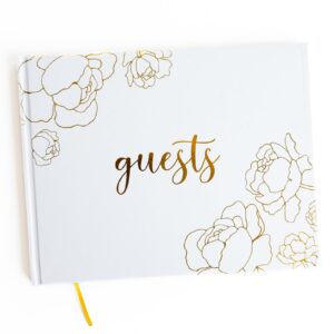 gsm brands wedding guest book, simple flower bloom line art, 9 x 7 60 lined guestbook pages, elegant gold foil embossed design with gold page edges