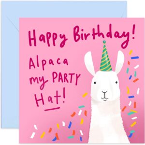 old english co. alpaca my party hat birthday card - funny cute animal card for men and women | humour joke card for him or her | blank inside & envelope included