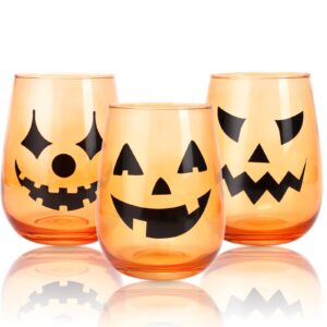 whaline 3 pieces halloween 17oz stemless wine glasses clear orange jack-o-lantern drinking glasses halloween party cups for dinner party birthday holiday housewarming gift cocktail beverage