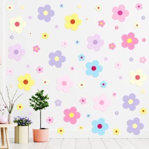 hotop 128 pcs cute flowers wall decal daisy wall stickers pastel aesthetic preppy hippie trendy wall flowers wall decor colorful boho wall art decor for dorm bedroom(preppy)