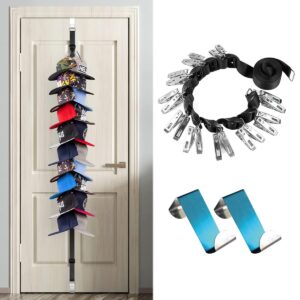 rotopata over the door cap organizer, hat rack for door hold up to 20 baseball cap, over door adjustable hat storage straps with 20 clip (black)