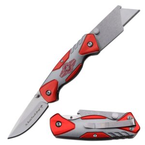 busted knuckle garage - manual folding knife and multi-tool - stainless steel blade and replaceable razor blade, red and silver aluminum handle w/pocket clip - bkg-fdr002