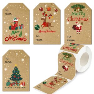 gift tags sticker christmas, 300 christmas kraft stickers roll, 2"x3" christmas gift tags stickers self-adhesive, christmas stickers for crafts cards gift bags