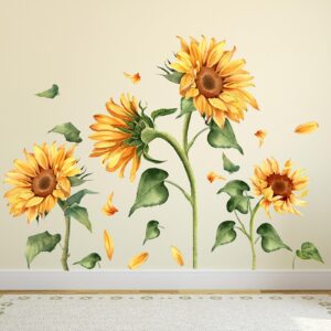 vintage sunflower wall decal garden floral wall sticker yellow flower with green leaves wall decals peel and stick wall stickers aesthetics decor for nursery bedroom