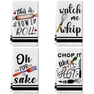 lebsitey funny kitchen towels and dishcloths sets of 4 kitchen towels with sayings egg beater rolling pin absorbent drying tea dish towel for cooking baking home decorations,18 x 28 inch