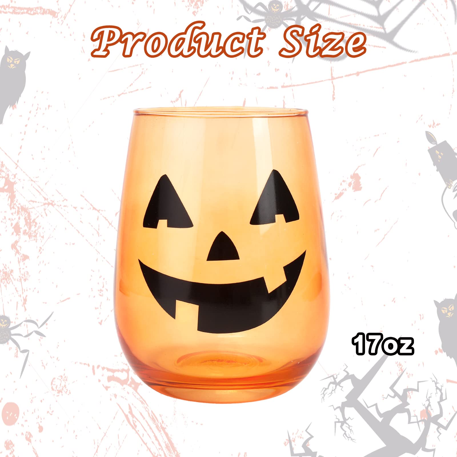 Whaline 3 Pieces Halloween 17Oz Stemless Wine Glasses Clear Orange Jack-O-Lantern Drinking Glasses Halloween Party Cups for Dinner Party Birthday Holiday Housewarming Gift Cocktail Beverage