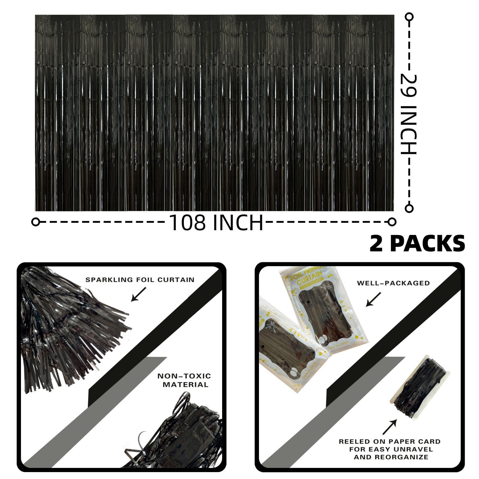 2 Packs Black Metallic Foil Fringe Tinsel Table Skirts for Rectangle Tables 6ft 8ft Streamer Curtains Backdrop for Birthday Float Parade 2024 Graduation Party Decorations -29x108 Inch