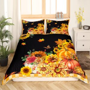 pumpkin bedding duvet cover set fall sunflowers butterfly bedding set boys girls geometric plaid decor comforter cover set microfiber vintage maple leaves bedspread cover bedroom bedclothes queen size