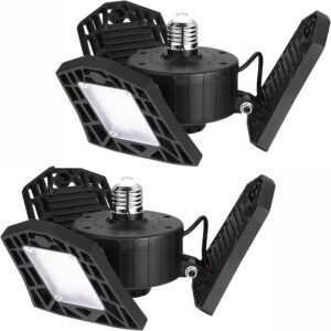 konpway deformable led garage light - 6000 lumen 2800k warm light 60w, three leaf garage organization ceiling lighting 2-pack