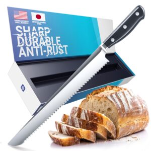 foxel best bread knife 10 inch serrated - razor sharp rust resistant japanese vg10 steel for cutting bread, cake, sourdough, sandwiches, bagels, and hard crust - black handle