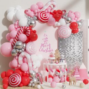 140pcs christmas balloon garland arch kit - red pink candy cane balloons sweet lollipop foil balloon for christmas new year birthday xmas holiday party decorations