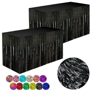 2 packs black metallic foil fringe tinsel table skirts for rectangle tables 6ft 8ft streamer curtains backdrop for birthday float parade 2024 graduation party decorations -29x108 inch