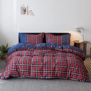 simple&opulence 100% cotton buffalo check plaid printed duvet cover set, 3 pieces bedding set including 1 comforter cover and 2 pillow shams, soft and comfortable (king,red)