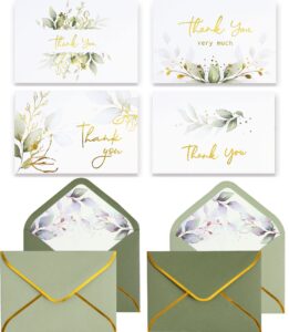 winoo design 100 pk luxurious gold thank you cards with envelopes bulk sage green - 5x3.5 inches wedding thank you notes baby shower greenery bridal shower small business