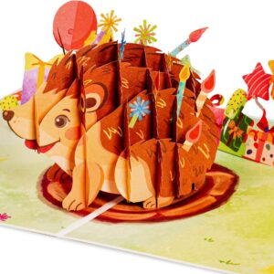 paper love frndly 3d birthday pop up card, birthday hedgehog, handcrafted - 100% recycled and eco-friendly, 8" x 6" cover - with removable note card