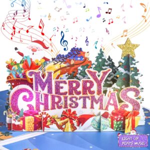 venhoo musical christmas card, 3d christmas pop up cards with lights and music of merry christmas, double-sides pattern design holiday greeting card for christmas winter