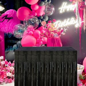 2 Packs Black Metallic Foil Fringe Tinsel Table Skirts for Rectangle Tables 6ft 8ft Streamer Curtains Backdrop for Birthday Float Parade 2024 Graduation Party Decorations -29x108 Inch