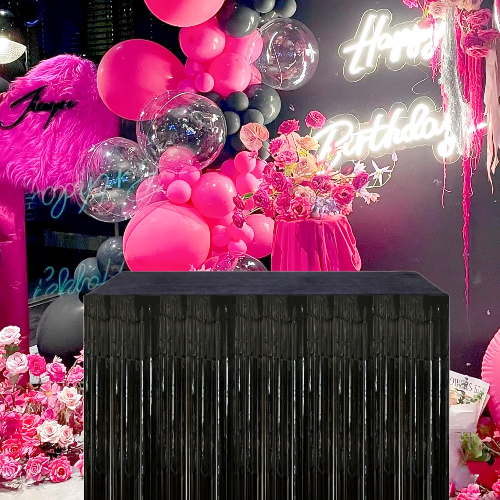 2 Packs Black Metallic Foil Fringe Tinsel Table Skirts for Rectangle Tables 6ft 8ft Streamer Curtains Backdrop for Birthday Float Parade 2024 Graduation Party Decorations -29x108 Inch