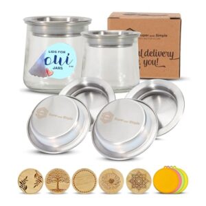 4 oui yogurt jar lids | stainless steel metal yoplait oui lids only | food safe, durable, airtight, reusable | water and liquids contact safe | for regular or petite dessert oui jars| 4-piece set