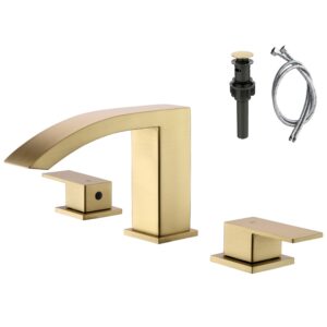 felixbath waterfall bathroom sink faucet, 3 holes two handles bathroom faucet with pop up drain and 2 water supply lines, 8 inch widespread bathroom sink faucet brushed gold