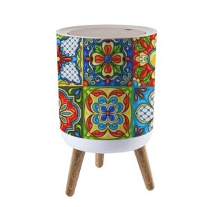 lopyeijfg mexican talavera ceramic tile ethnic folk ornament italian pottery trash can with lid kitchen bathroom bedroom 1.8 gallon press cover wastebasket office wood small garbage bin waste bin