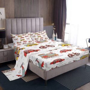 feelyou cartoon car bed sheets set kids train airplane print sheet set boys girls decor bus bicycle rider sheets with deep pocket fitted sheet microfiber aircraft red bedding set bedroom queen