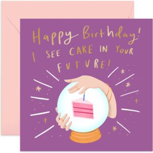 old english co. fortune teller birthday cake card - funny cute celebration greeting card for her | humour joke card for women, daughter, sister, friend | blank inside & envelope included