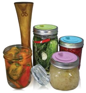 canning kit. complete diy fermentation kit for wide mouth mason jars or pickling jars for 7 sets. glass weights, tamper, airlock lids, and recipe included.