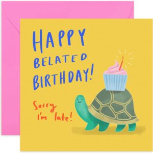 old english co. tortoise belated birthday card - sorry it's late greeting card for him or her | fun cute birthday wishes for men and women | blank inside & envelope included