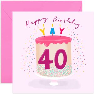 old english co. yay 40th birthday cake card - fun celebrations greeting card for her | for women, sister, wife, aunt, mum | blank inside & envelope included