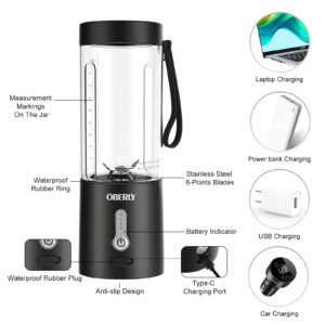 Portable Blender for Shakes and Smoothies, OBERLY Personal Travel Blender for Protein with USB Rechargeable Battery, 6-Point Stainless Steel Blades, Travel Cup for Gym, Car, Office, On the Go