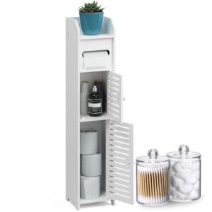 hearth & harbor bathroom storage organizer, bathroom storage cabinet with doors for toilet paper, floor standing bathroom cabinet with 2 apothecary bathroom decor jars, bathroom shelf organizer, white