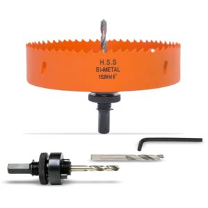 vikiton 6 inch hole saw with arbor for metal wood and plastic cutting, 152mm bi-metal hole cutter for different project with smooth and flat drilling edge, fast chip removal, handy hole saw kit set