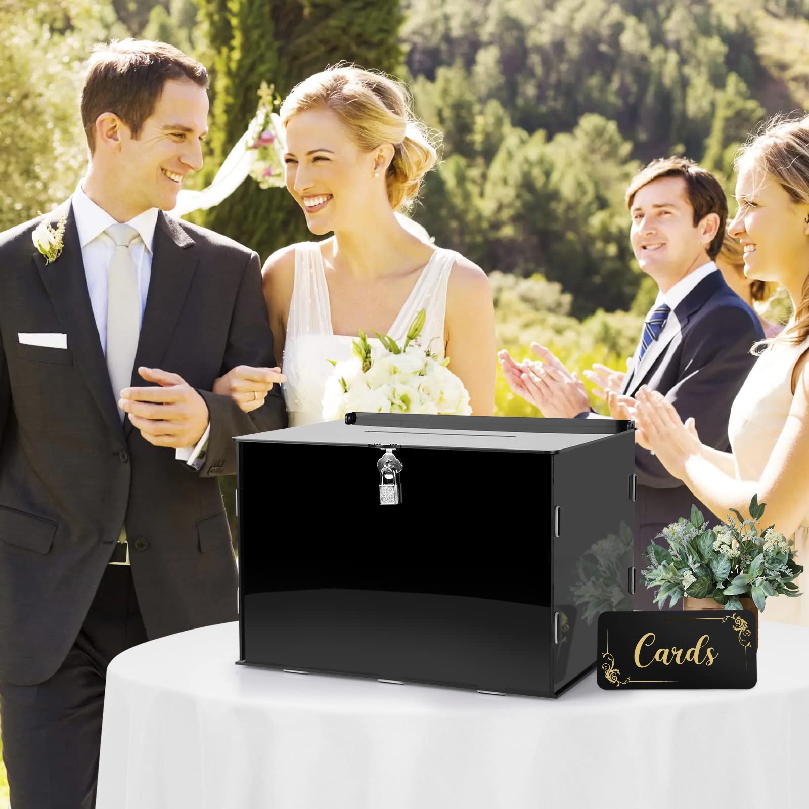 Fowecelt Black Acrylic Wedding Card Box with Lock, Rustic Card Box for Wedding Reception Bridal Shower Birthday Baby Shower Graduation