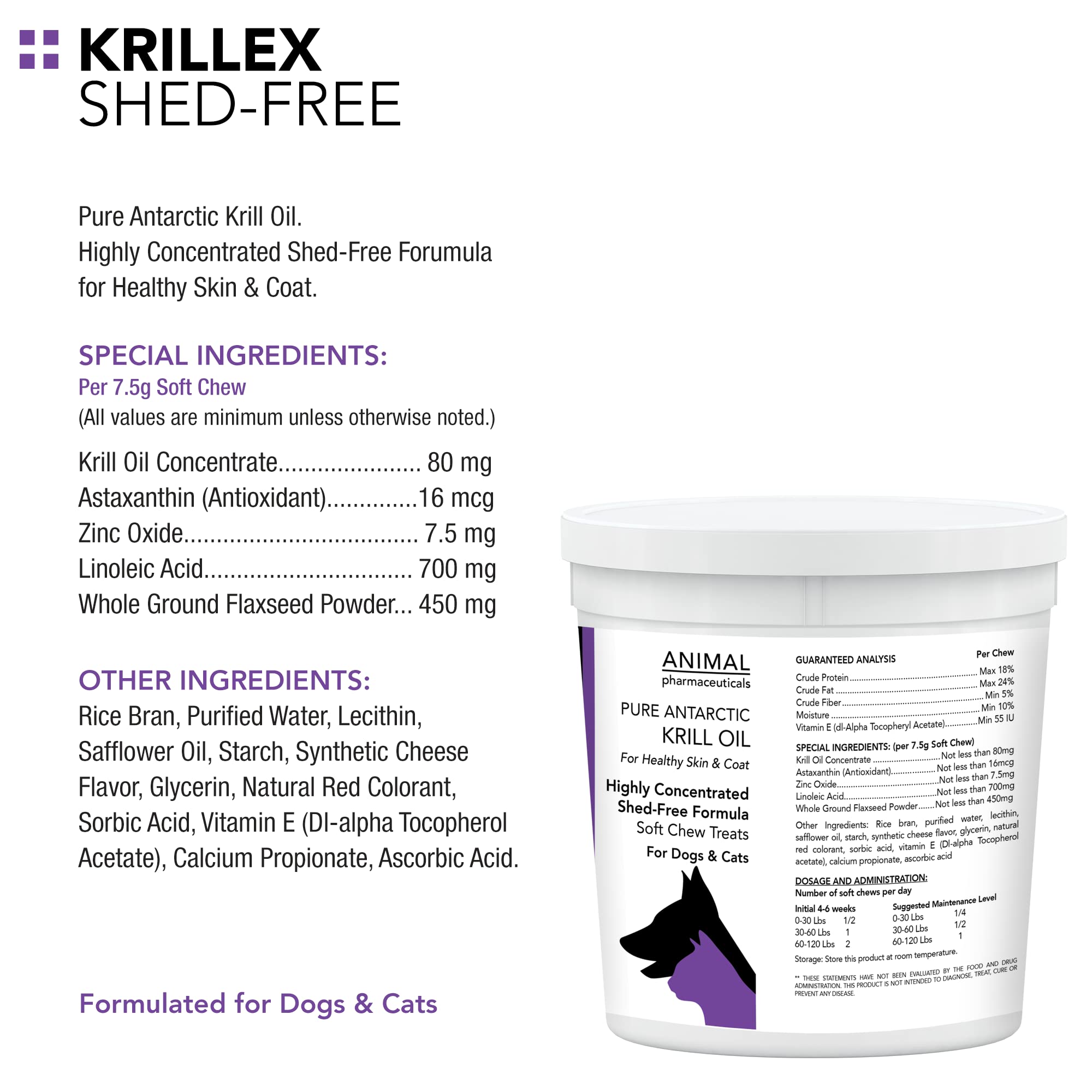 Animal Pharmaceuticals Krillex Shed-Free Chews - Shedding Support Krill Oil for Dogs & Cats - Skin and Coat Omega 3 Supplement for Dogs - 60 ct